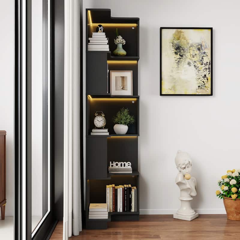 Roomfitters Corner Bookshelf with LED Lights 5 Tier Modern Wooden ...