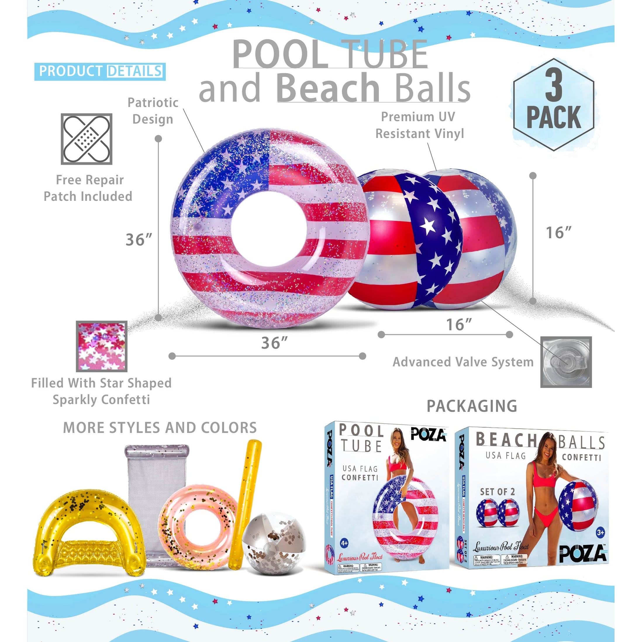 POZA Inflatable USA Flag Pool Float Tube and Beach Balls Bundle - ‎36 x ...