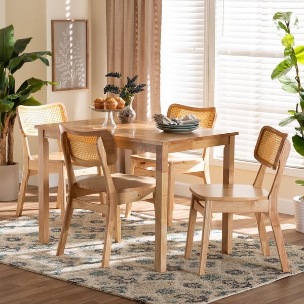 Dulcet Mid-Century Oak Brown Finished Wood and Rattan 5-Piece Dining Set - Bed Bath & Beyond ...