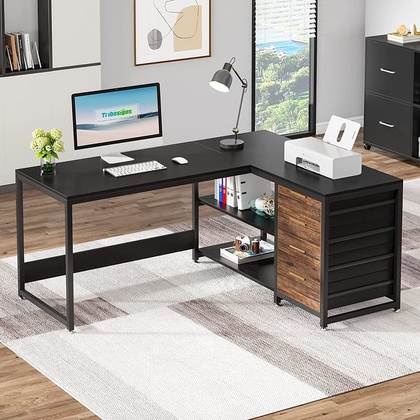 59 inch L Shaped Computer Desk with Storage Drawers for Home Office ...