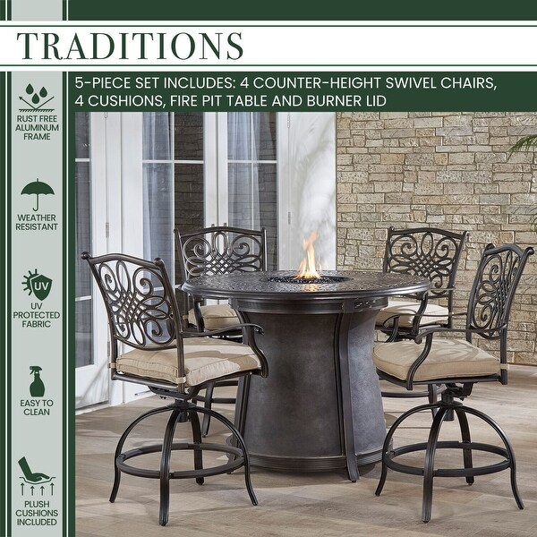 Hanover Traditions 5 Piece High Dining Set with 4 Swivel Chairs and a 40 000 BTU Cast top Fire Pit Table N A Bed Bath Beyond 40187747