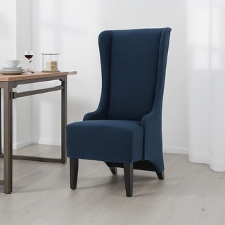 Becca Dining Chair, High Wingback Brown Birch Wood, Navy Blue Fabric ...