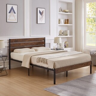 Brown Full Bed Frame with Wood Headboard, Metal Frame, and Strong Slats ...