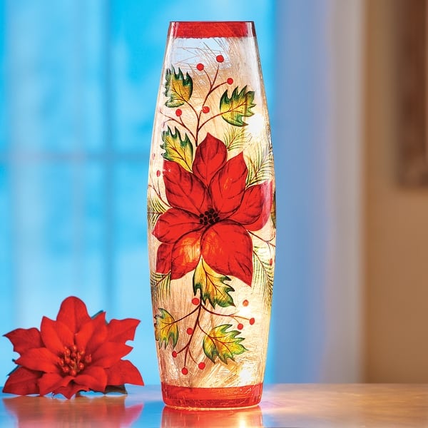 Hand-Painted LED Lights Poinsettia Crackled Glass Lamp - Clear - 4 x 11 ...