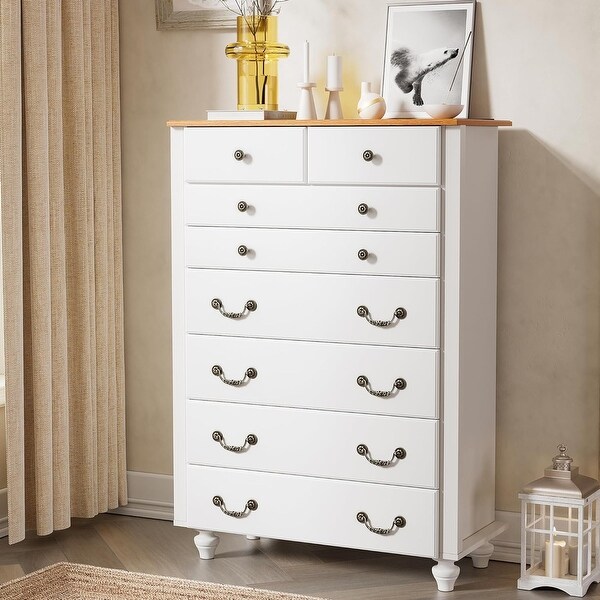 White Dresser for Bedroom 8 Drawer Dresser Tall Chest with w 4 Solid Wood Feet Column Decor Chest of Drawers for Bedroom 8 Drawer