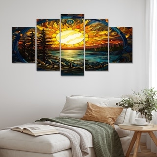 Designart - Vibrant Yellow Sun Over Forest Lake - River Canvas Set Of 5 ...