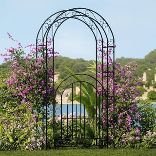 7 FT Elegant Garden Arch with Gate, Wedding Arbor for Climbing Roses ...