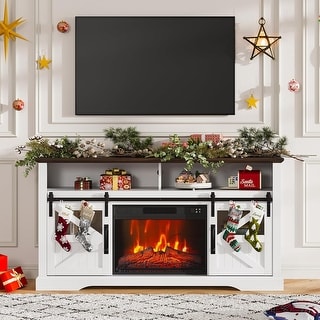 65-Inch Farmhouse TV Stand with Electric Fireplace, Sliding Barn Doors ...