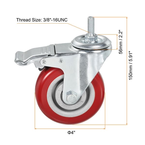 PU Swivel Threaded Stem Casters 3/8"-16UNC with Brake 88lbs, Red 4pcs ...
