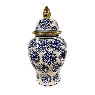 Bryan 18 Inch Ceramic Temple Jar, Floral Print, Gold Handle, Blue ...