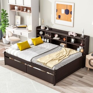 Brown Full Size Bed With Side Bookcase,2 Storage Drawers - Bed Bath ...