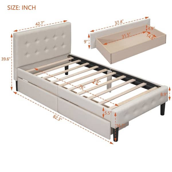 Twin Size Linen Fabric Upholstered Platform Bed with 2 Side Storage ...