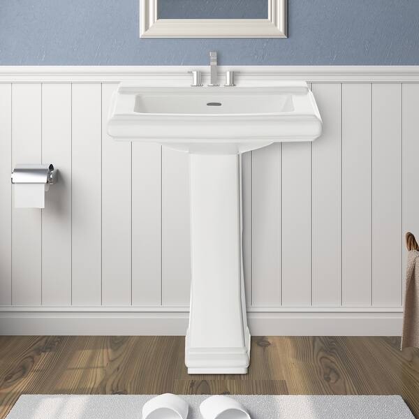 White Porcelain Rectangular Pedestal Bathroom Sink with Overflow - Bed Bath & Beyond - 39646647