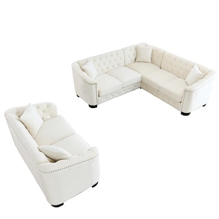 Beige Tufted Sofa Sets(2pc), Sleeper Loveseat, L-shape Sectionals Sofa ...