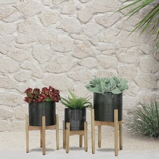 Set of 3 Metal Mesh Planters with Wood Stands Living Room Garden ...