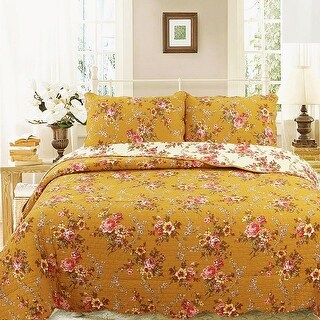 3pc Full/Queen Floral 100%Cotton Reversible Quilt Set Yellow - Bed Bath ...