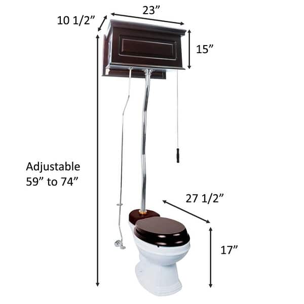 High Tank Toilet - Dark Oak Wooden Raised Tank, White Elongated Bowl ...
