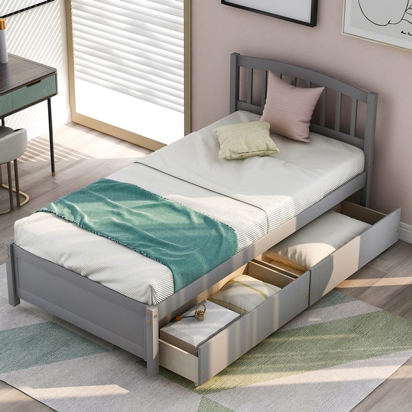 Curvaceous Line Twin Wood Platform Bed With 2 Caster Drawersandheadboard