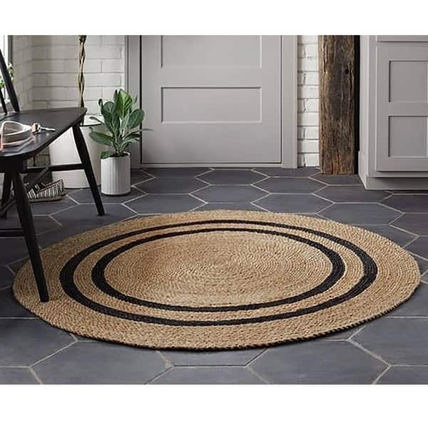 5x5 Feet Jute Beige Black Braided Striped Round Area Rug - 5' x 5' Feet ...