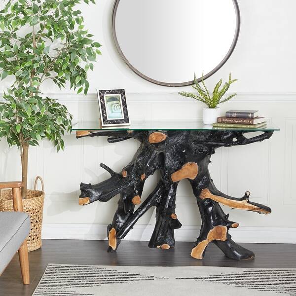 Black Teak Wood Handmade Live Edge Tree Stump Console Table with Clear ...