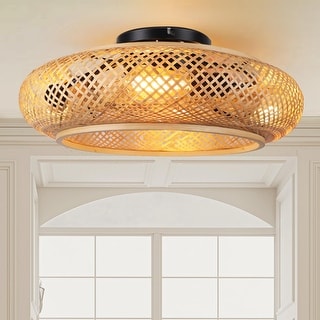 20 Inch Black Bamboo Woven Ceiling Fan with Light and Remote Control ...