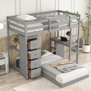 Twin over Twin Bed with Built-in Study Desk, 4 Drawers, Inclined Ladder ...
