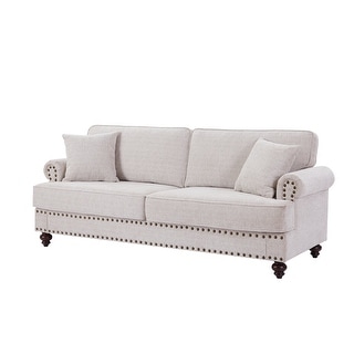 White Chenille Sofa Nailhead Trim Couch Rolled Arms Settee - Bed Bath ...