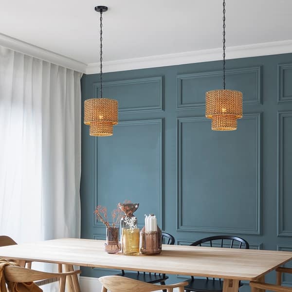 1-Light Bohemian Rattan Wicker Pendant Light - W12" x H74" - Tan - 12 ...