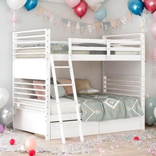 Modren Twin over Twin Wood Bunk Bed With Two Drawers and Solid Wood For ...