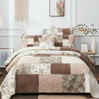 King Floral Cottage Patchwork Cotton Quilt Bedspread Set Tan - Bed Bath ...