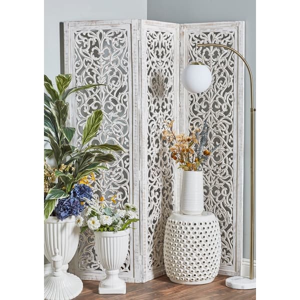 White Wooden Handmade Hinged Foldable Partition 3 Panel Floral ...
