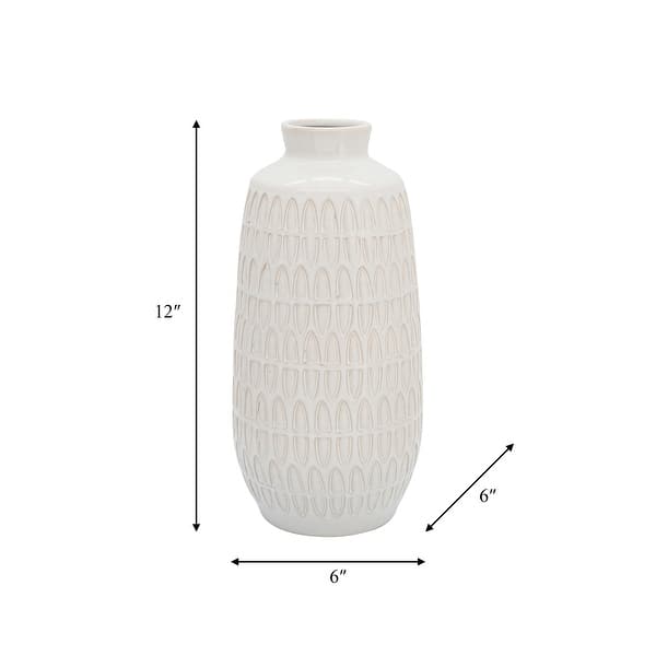 12" Beige Ceramic Vase Carved Design Decorative Light Colored Table ...