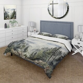 Designart "Pine Tree Misty Mountain I" Green Traditional - Bedding ...