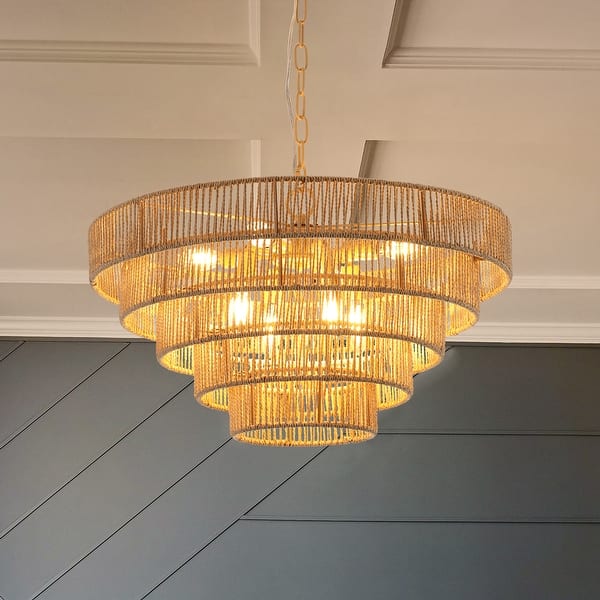 Cusp Barn Modern Farmhouse Hand-Woven Rattan Tiered Chandelier, Large ...
