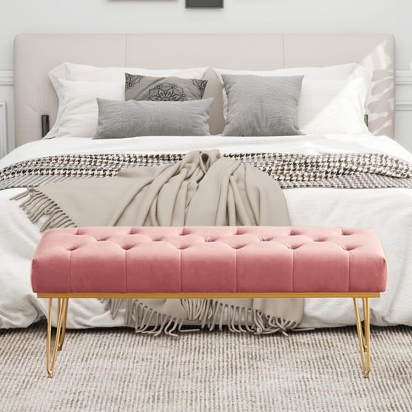 Velvet Bedroom Bench with Gold Base&Metal Legs, Tufted Upholstered End ...