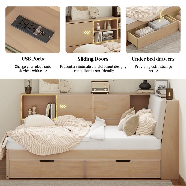 Wood Daybed L shaped Frame Storage Bookcase Captains Bed Floor Corner Sofa Bed with Upholstered Headboard and USB Charging Ports On Sale Bed Bath Beyond 42359116