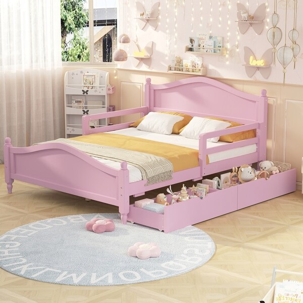Full Size Wood Platform Bed with Guardrails On Both Sides and Two Storage Drawers Pink