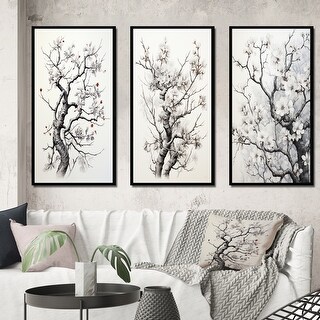 Designart "Grey White Tree Graphite Whispers II" Landscape Trees Framed ...