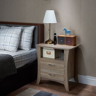 Rustic Natural Night Table, 2 Drawer Wooden Bedside Table with Open ...