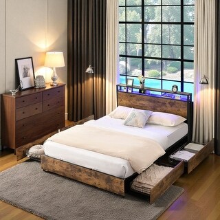 Queen Size Bed Frame with LED Headboard, Charging Station, 4 Storage ...