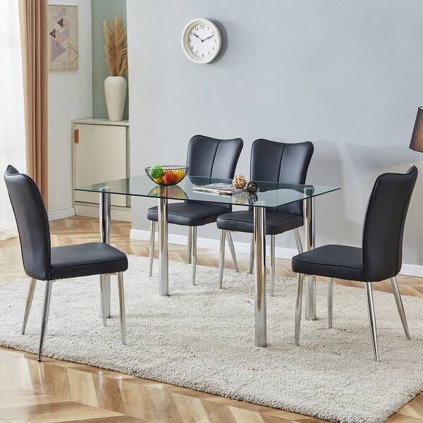 5-Piece Metal Frame Dining Table Set with Toughened Glass Rectangular ...