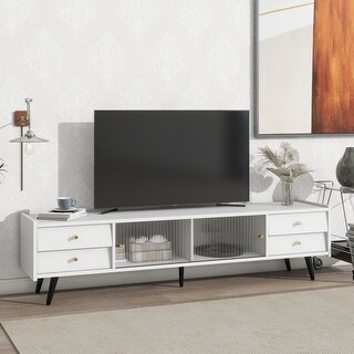 TV Stand with Sliding Fluted Glass Doors, Slanted Drawers Media Console ...