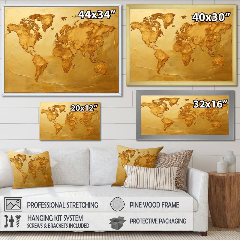Designart "Golden World Map Geographies " World Map Framed Canvas ...