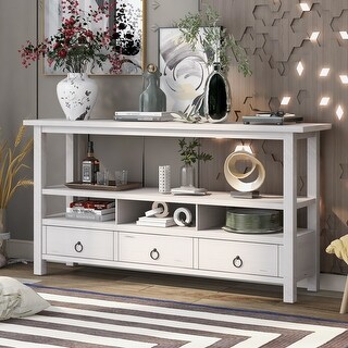 Rustic Solid Console Table Double-Storey Tabletop with Three Drawers ...