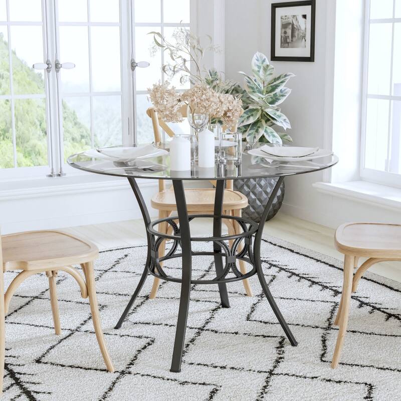 42'' Round Glass Dining Table with Crescent Style Metal Frame ...