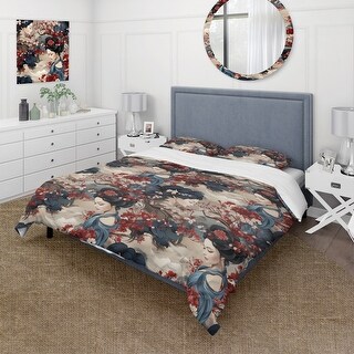 Designart "Geisha Grace" Blue Floral Bedding Set With Shams - Bed Bath ...