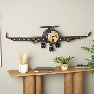 Dark Brown Metal Airplane Decorative Wall Clock with Gold Accents - 8"W ...