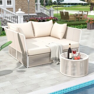 2 Piece Outdoor Sunbed Set with Coffee Table, Patio Double Chaise ...