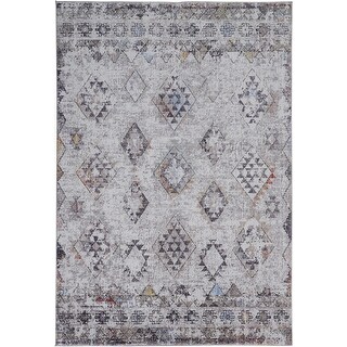 5' X 8' Gray Taupe And Blue Geometric Stain Resistant Area Rug - 3'6 ...