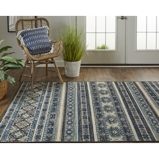 2' X 3' Blue Tan And Black Geometric Power Loom Distressed Stain ...